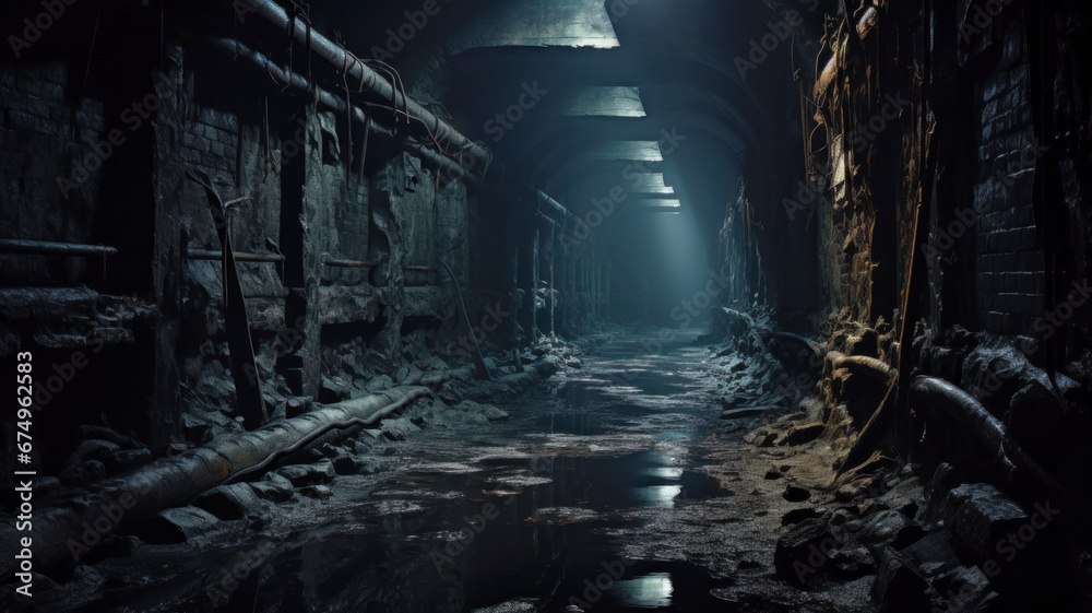 Dark scary underground tunnel, old abandoned industrial corridor or ...