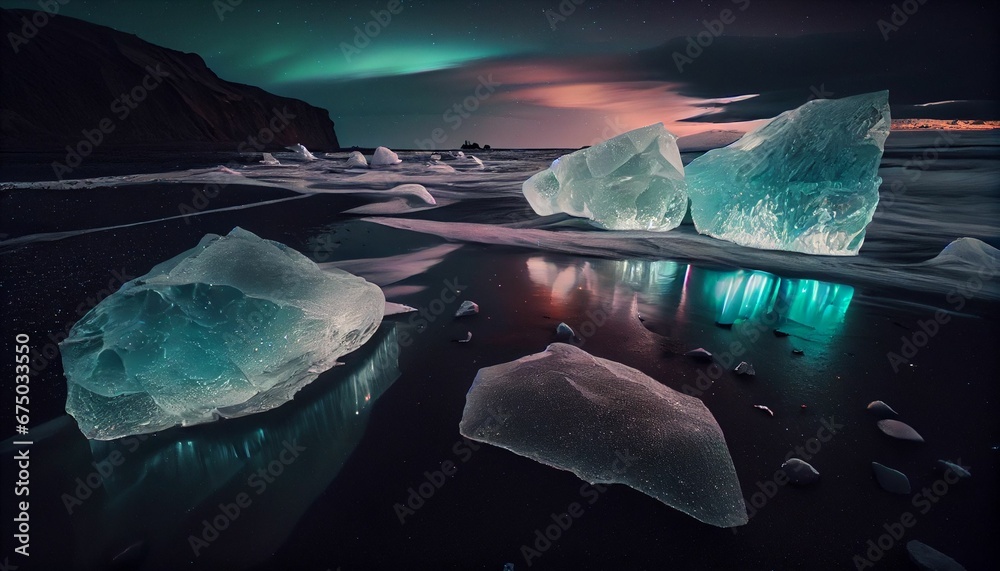 AI-generated illustration of glowing pieces of ice and stones on the ...