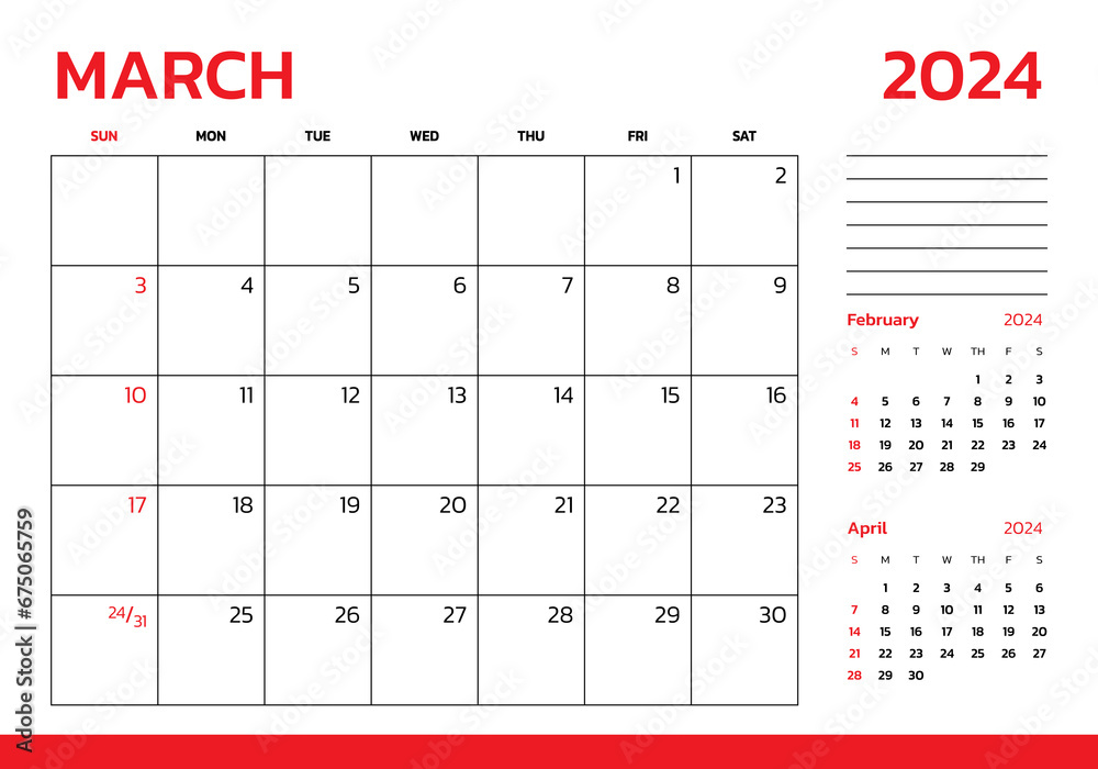March 2024 Calendar. Week start on Sunday. Desk calendar 2024 design ...