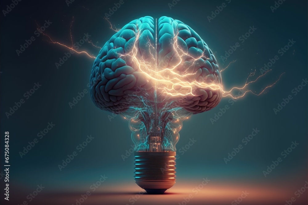 AI generated illustration of a human brain covering light bulb Stock ...