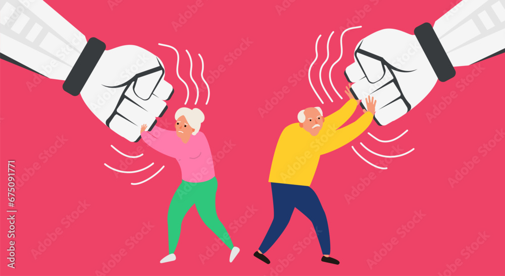 senior man and woman between two pushing robotic fists confrontation ...