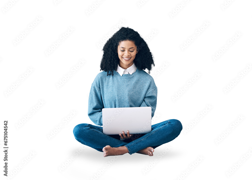 Laptop, education and a black woman student isolated on a transparent ...