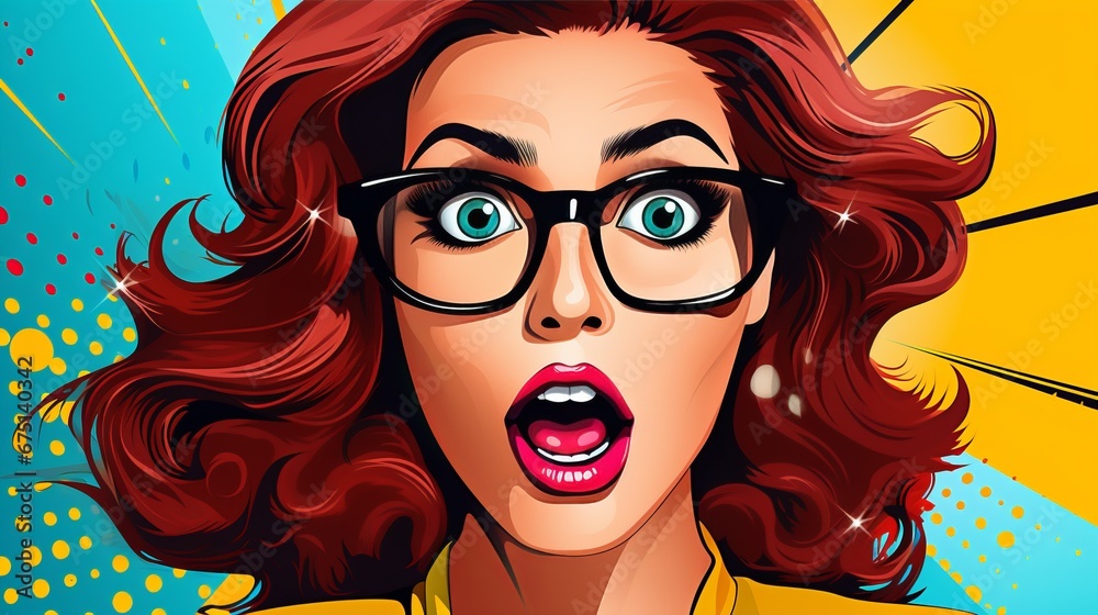 Vivid portrait of surprised woman in retro pop art style captures her ...