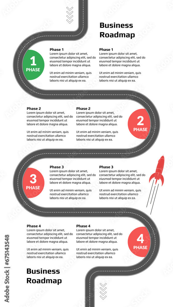Vertical roadmap with winding road with milestones and rocket on white ...