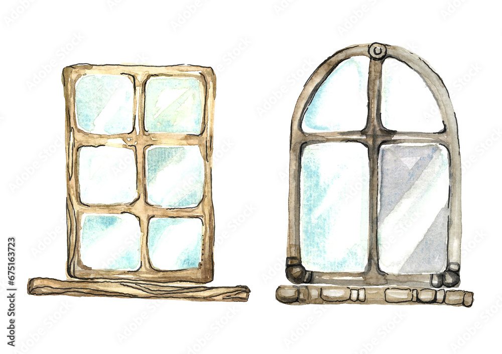Two simple tall windows with a sill in a light brown wood frame and ...
