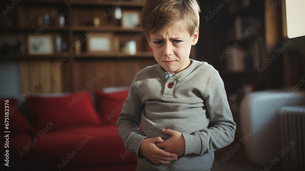 sad little boy holding his stomach, illness, cramps, health, color ...