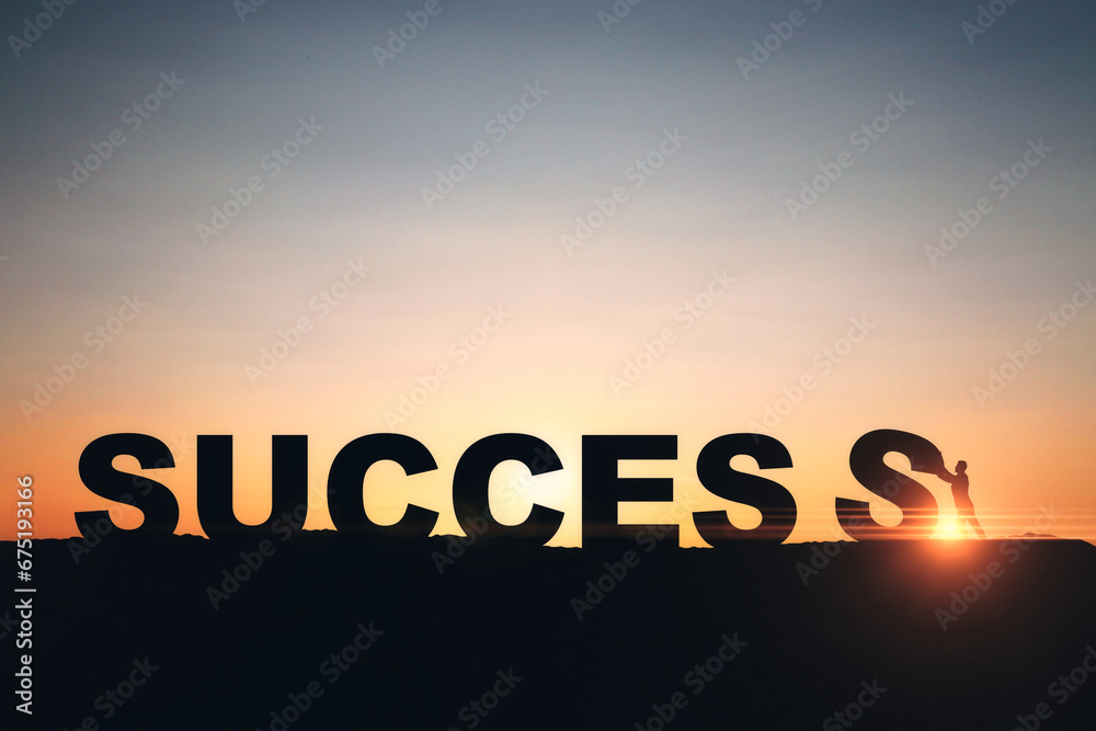 Tiny businesspeople putting backlit success word together on sunset sky ...