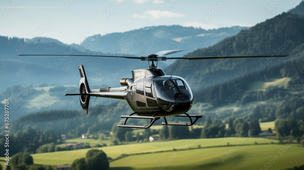 A sharp-focused, hyper-realistic stock image of a helicopter hovering ...