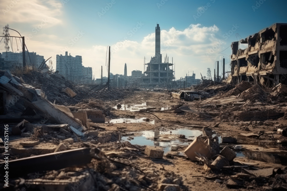 depressing landscape of an empty city destroyed by war, earthquake ...
