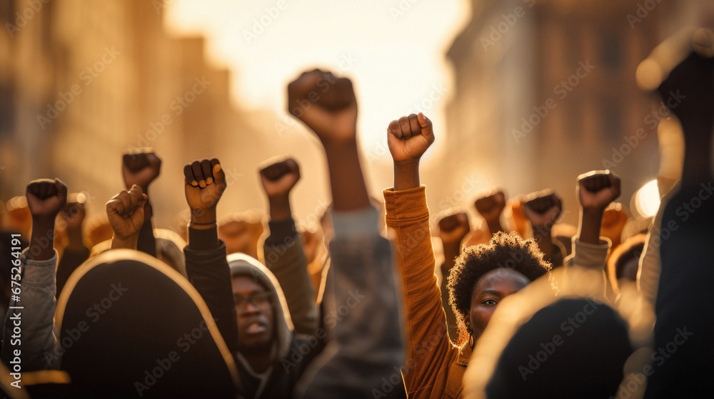 United Against Racism: A Diverse Crowd of People Raised Fists While ...