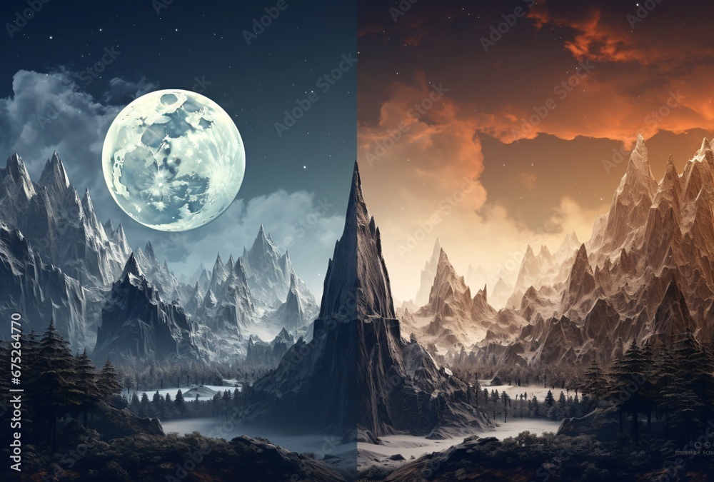 Day vs. Night. two images showing the full moon above the mountains ...