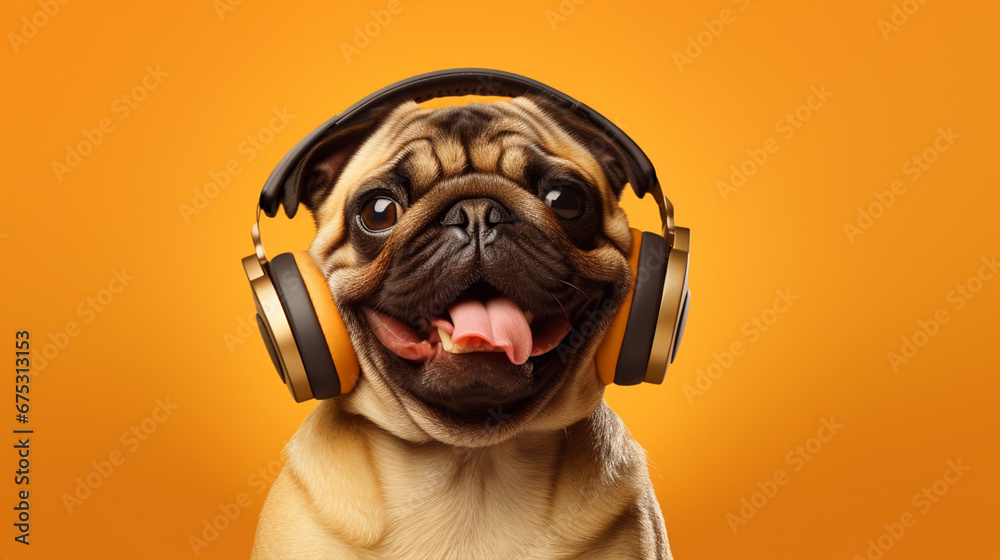 Happy pug dog wearing headphones portrait on isolated orange background ...
