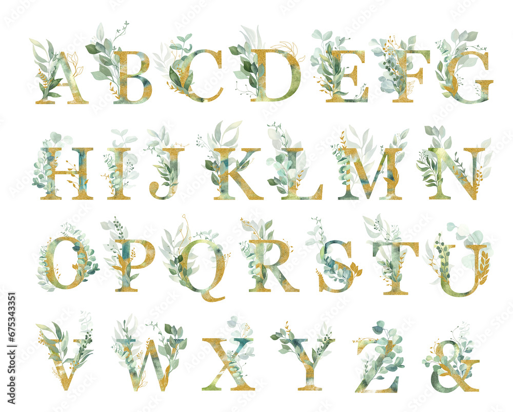 Floral alphabet, letters set with watercolor green and gold eucalyptus leaves. Perfectly for ...