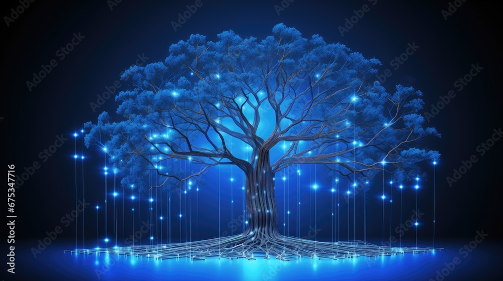 Vibrant blue technology tree with sharp-focus branches, circuitry, and ...