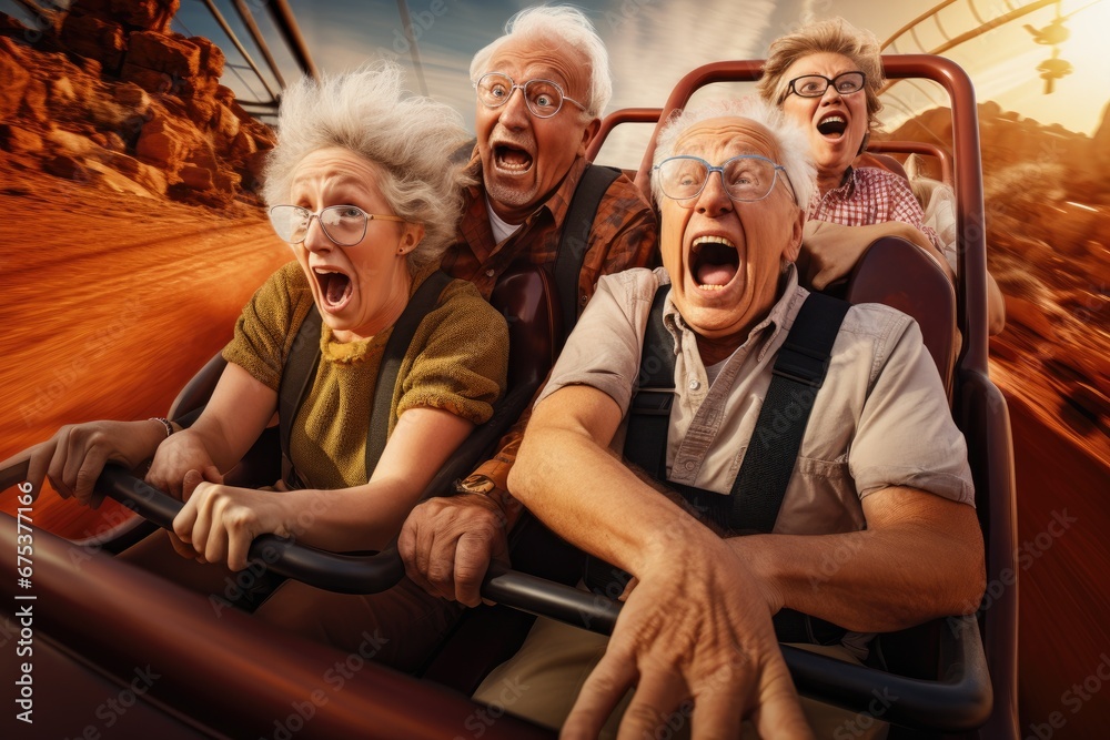 Stock-Foto „Group of senior people exciting and screaming on the roller ...