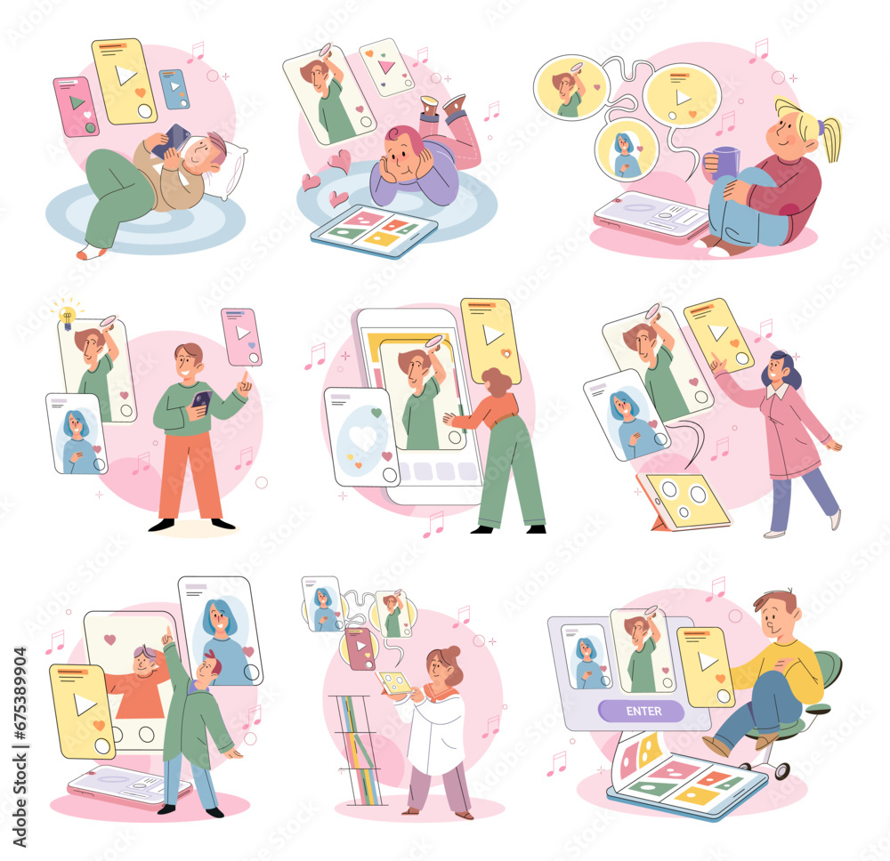 Gadget addiction. Vector illustration. Technology has become integral ...