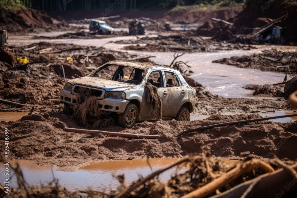 City destroyed by mud after a flood, Mud over the city after a dam ...