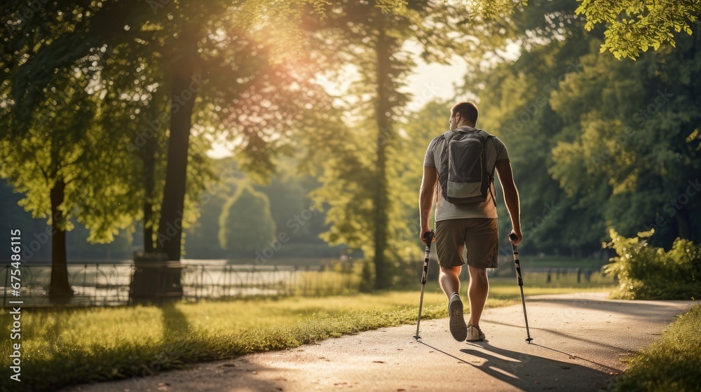 Embracing Recovery: A man with crutches walks through a beautiful park ...