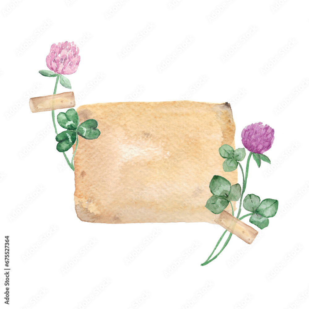 Watercolor template, note Sticker and clover glued with tape. Kraft ...