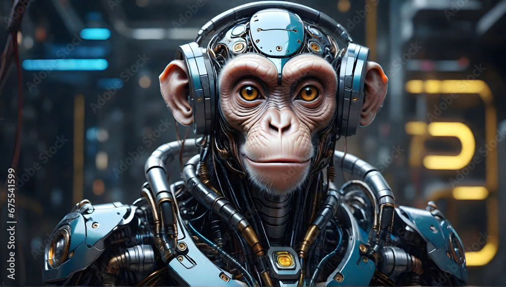 Artificial intelligence concept with monkey cyborg illustration, Futuristic brain AI processor ...