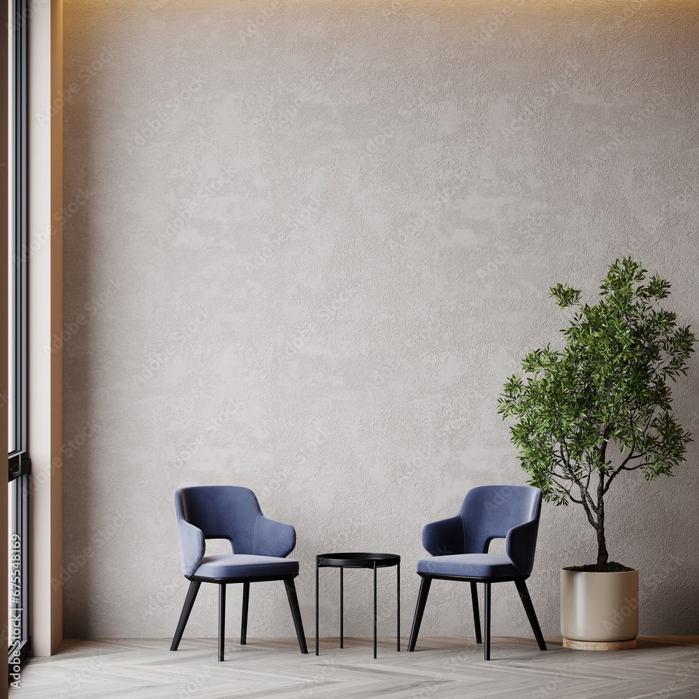 Luxury premium livingroom with two blue navy armchairs and black table ...