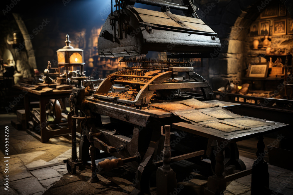 An old printing press in a historic newspaper museum, illustrating the ...