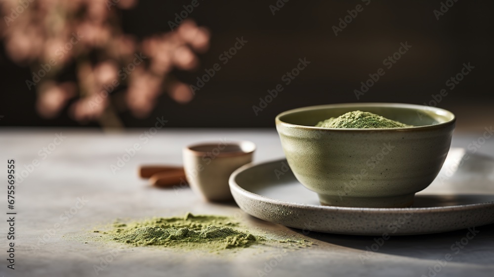 Generative AI, Green matcha tea powder and drink, muted neutral colors ...