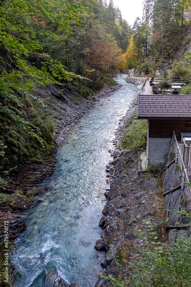 Top view of river Partnach with blue water, near Partnachklamm gorge in ...