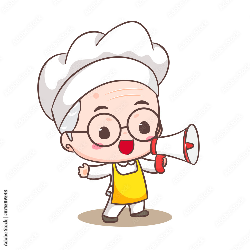 Cute grandfather chef cartoon holding megaphone. Grandpa cooking logo ...