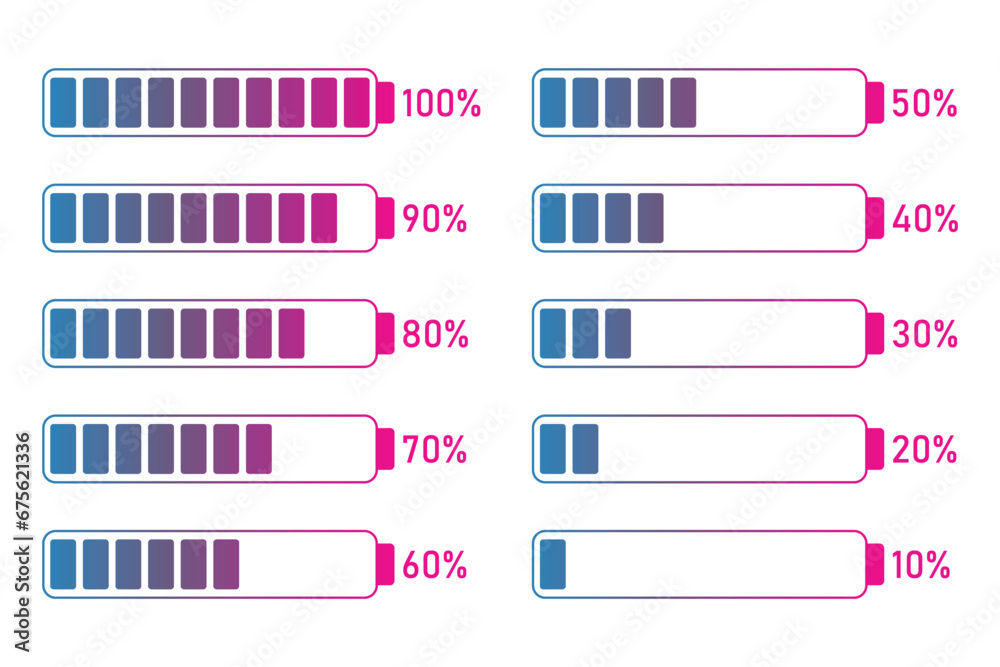 10 to 100 percentage infographics full battery charge, energy level ...