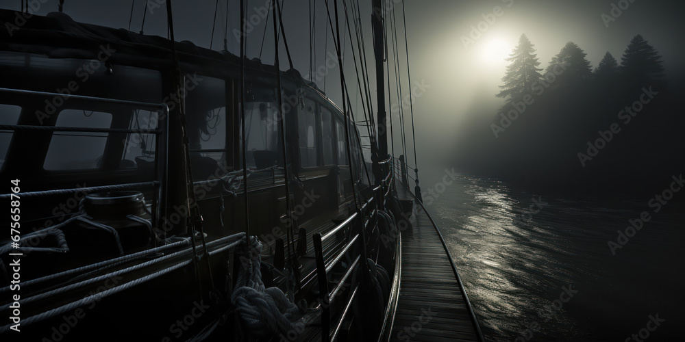 Rain taps a rhythmic melody on the boat's timber, the fog wrapping the ...