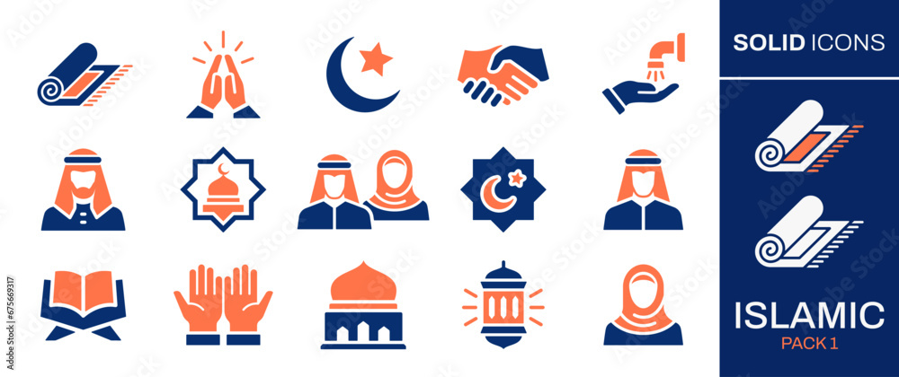 Arabic icon set. Collection of mosque dome, carpet, man, woman, Islamic ...