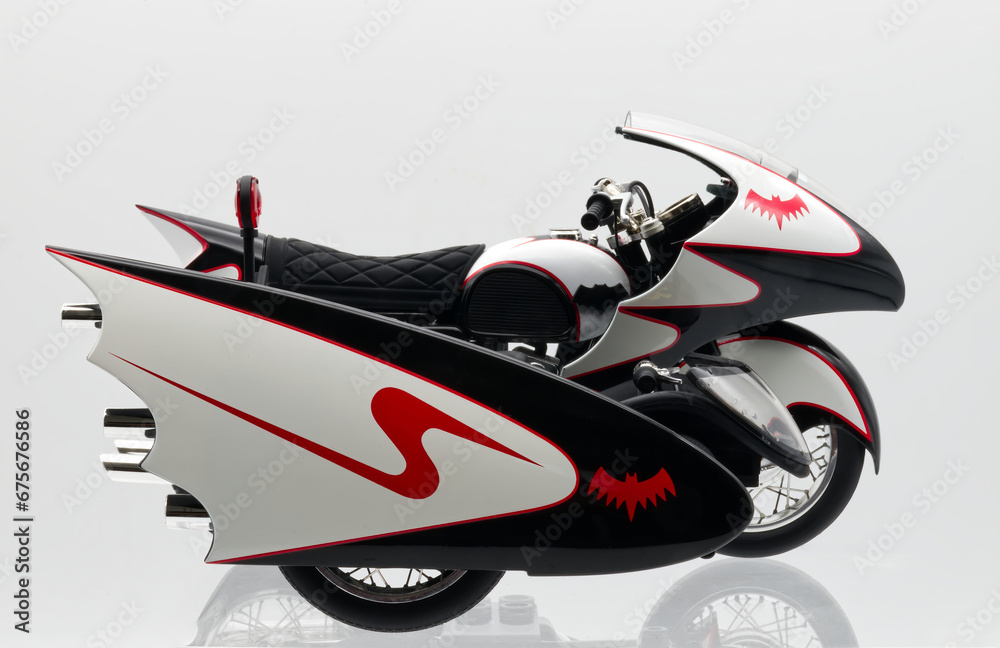 Bologna - Italy - October 24, 2023: Batman Batcycle with sidecar ...