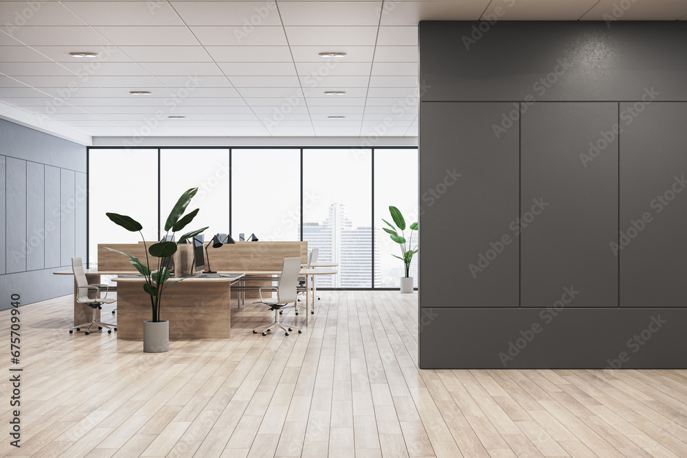 Modern coworking office interior with empty mock up place on wall ...