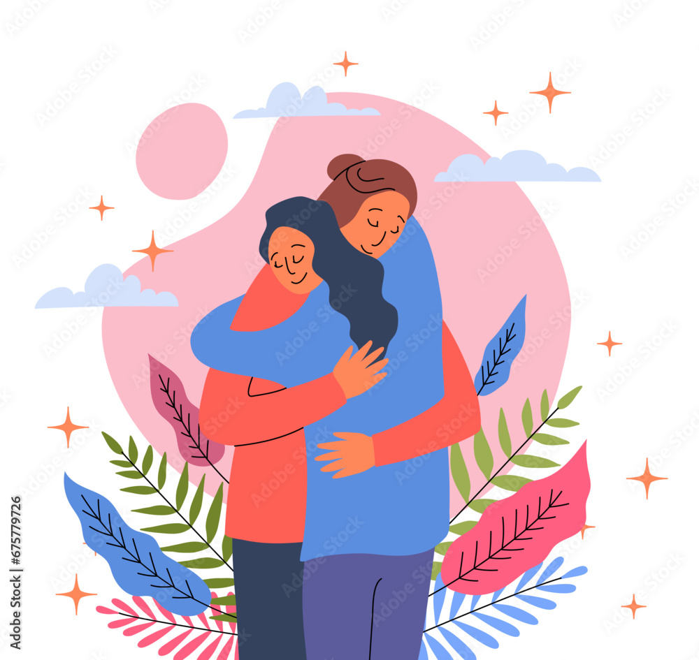 Cartoon Color Characters Hugging Friends Expressing Love and Support ...