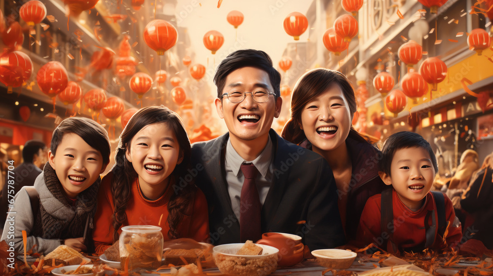 Chinese family celebrating the traditional activities of Spring ...