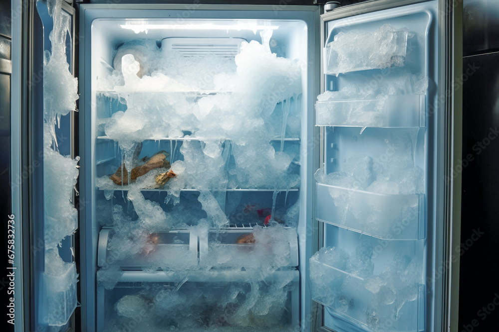 Icicles forming on the interior of a refrigerator freezer, creating a ...