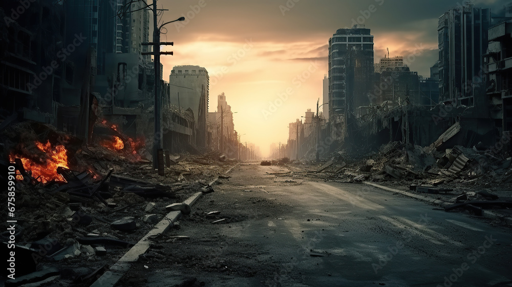 Empty street of burnt up city. Apocalyptic view of city downtown as ...