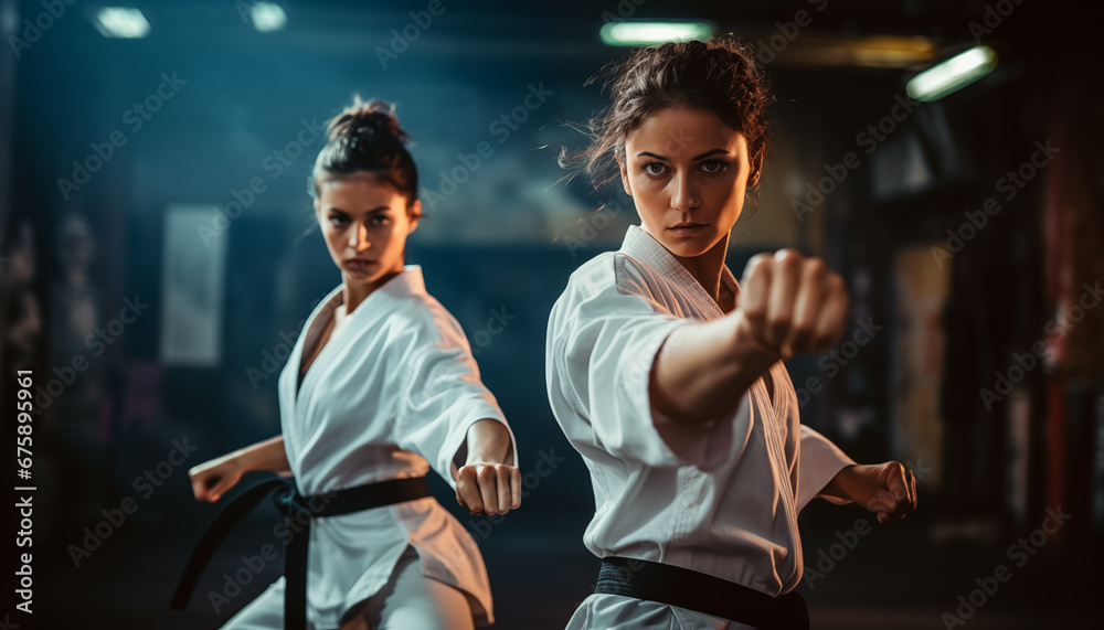 young Indian women practicing karate lesson with a friend, contrast ...