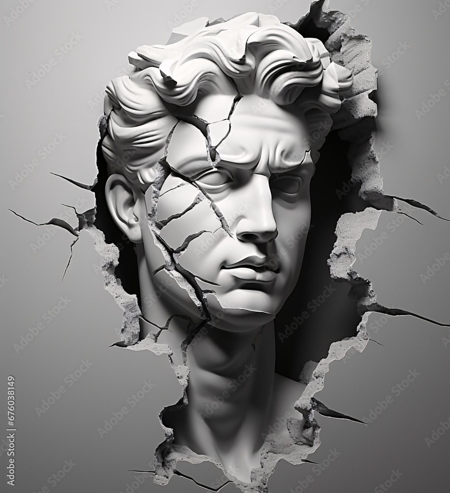 3d illustration with a broken of rome statue and a broken window ...