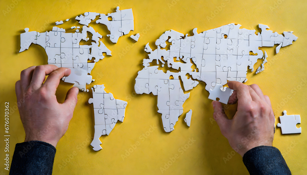 concept of worldwide geopolitics. mysterious people building new world ...