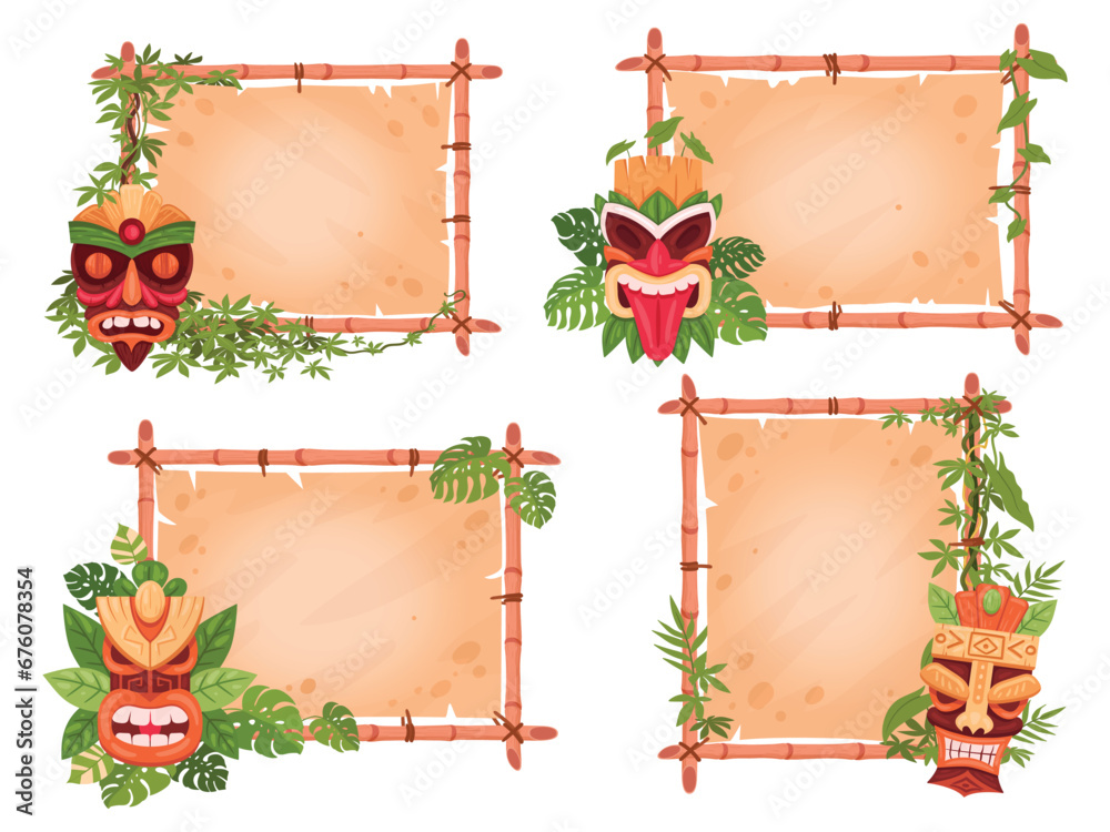 Cartoon bamboo frames with tiki totems. Hawaiian and african aboriginal ...