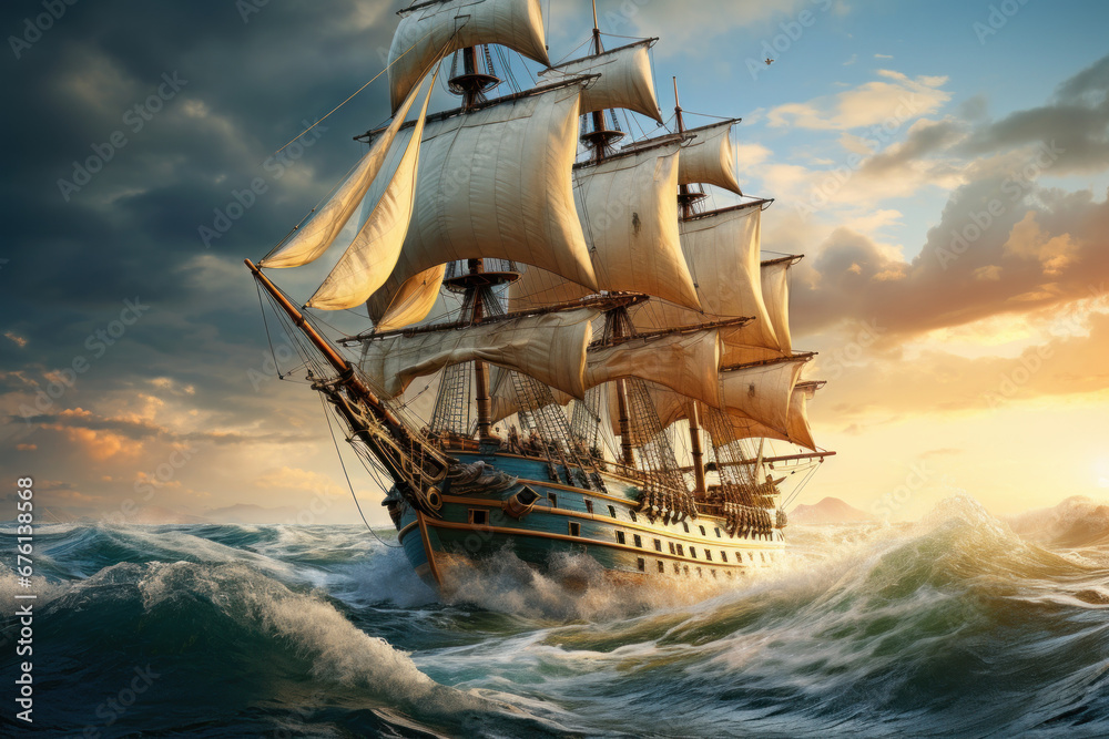 An 18th-century sailing ship navigating the high seas, emphasizing ...