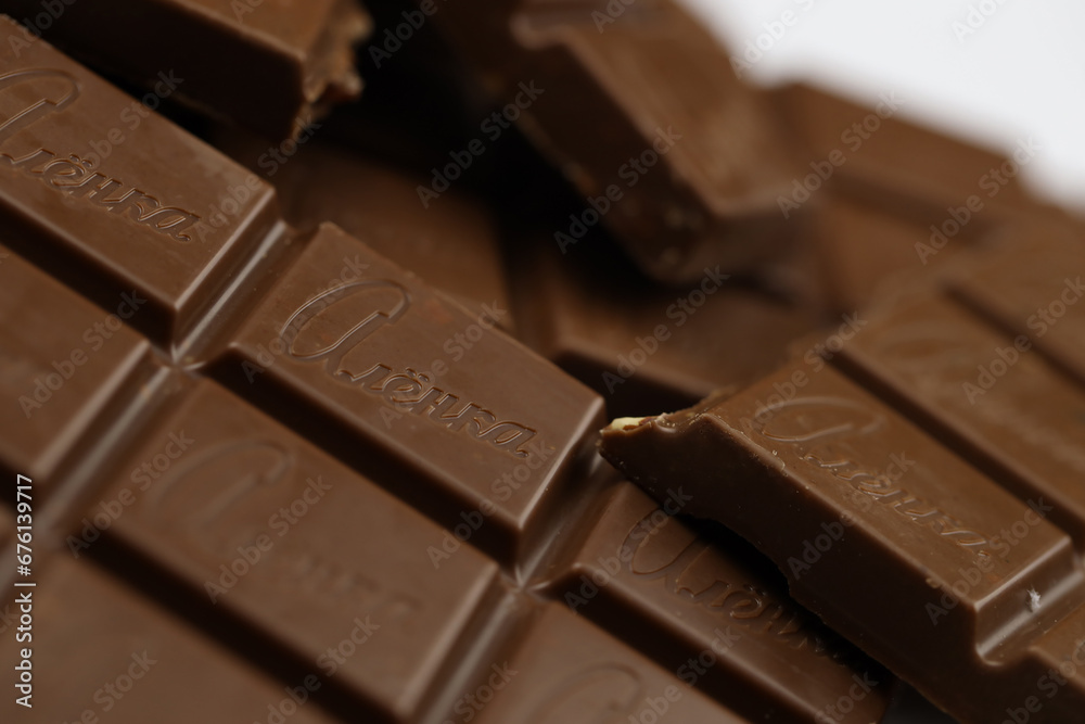 KHARKIV, UKRAINE - JANUARY 27, 2021 Alyonka chocolate square bars ...