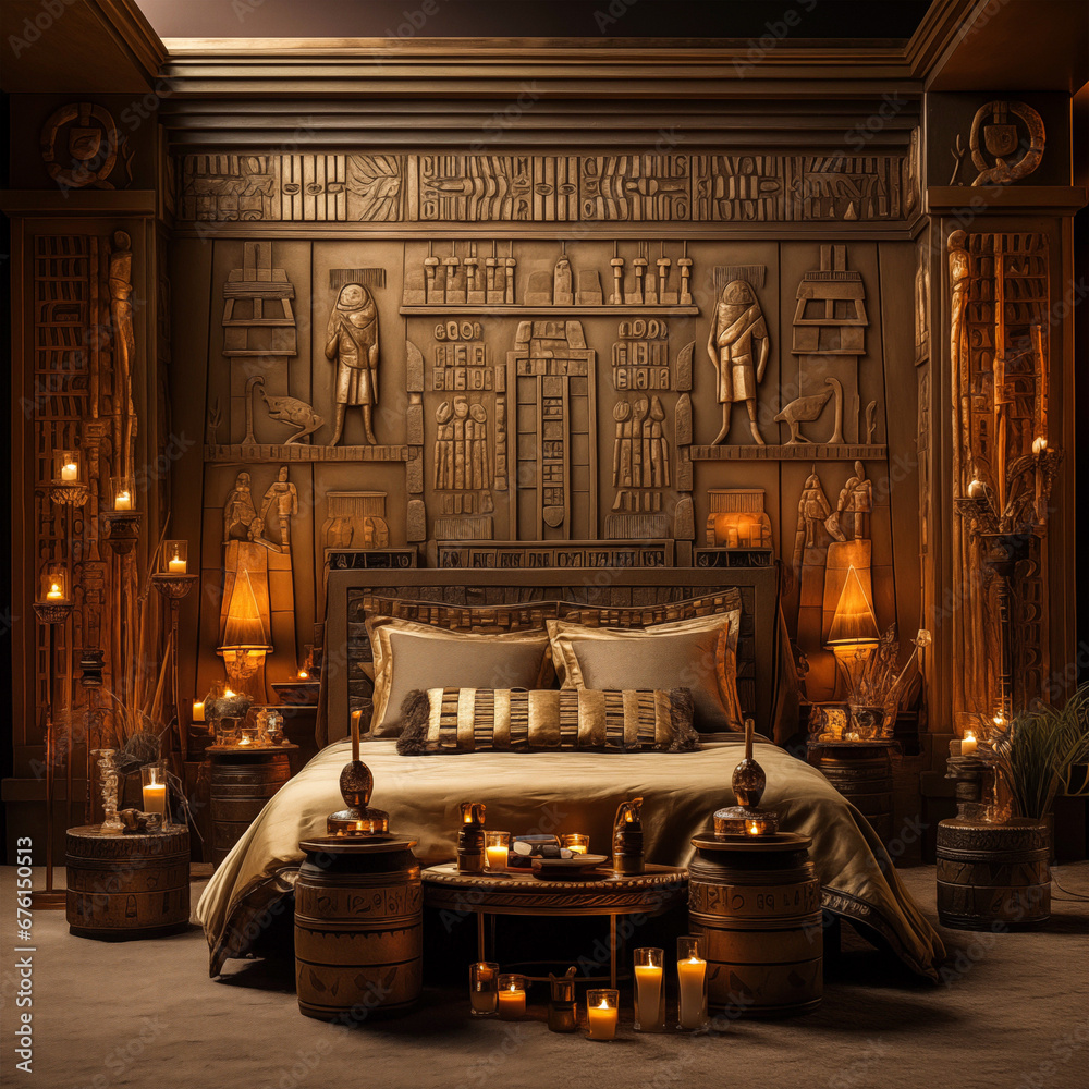Sumerian-themed bedroom interior, walls adorned with detailed cuneiform ...