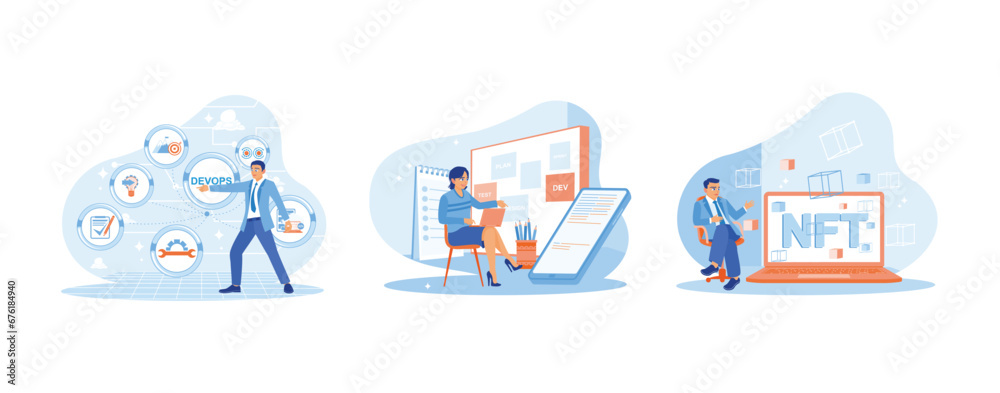 APP devs concept. I am touching the DEVOPS button on the virtual screen ...