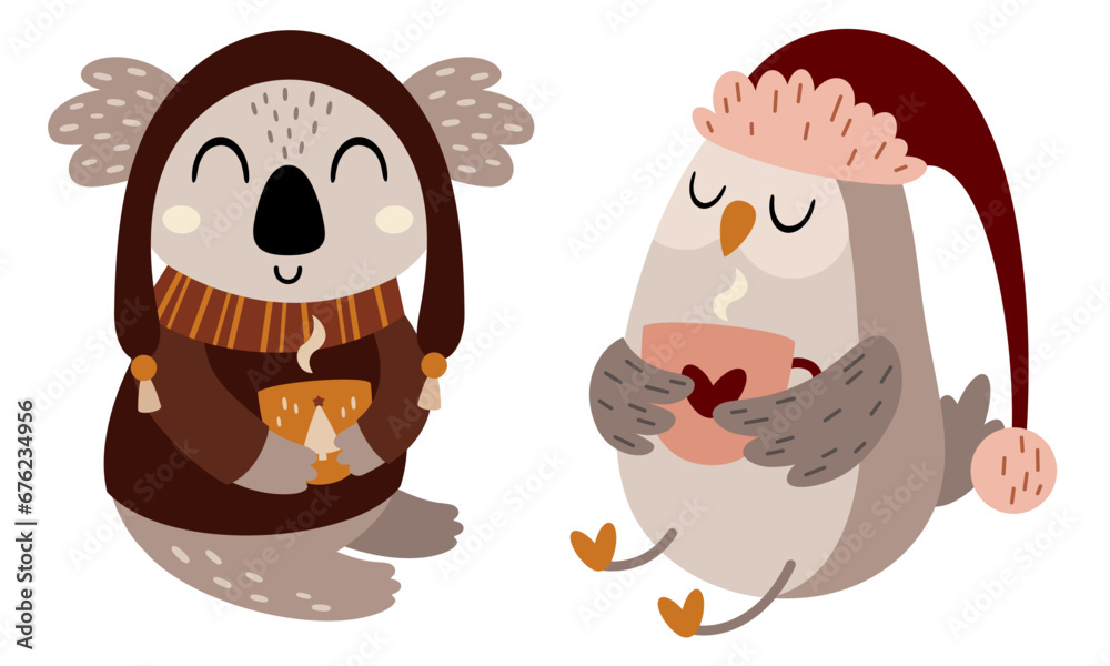 Winter animals clipart with cute koala and owl in cartoon flat style ...