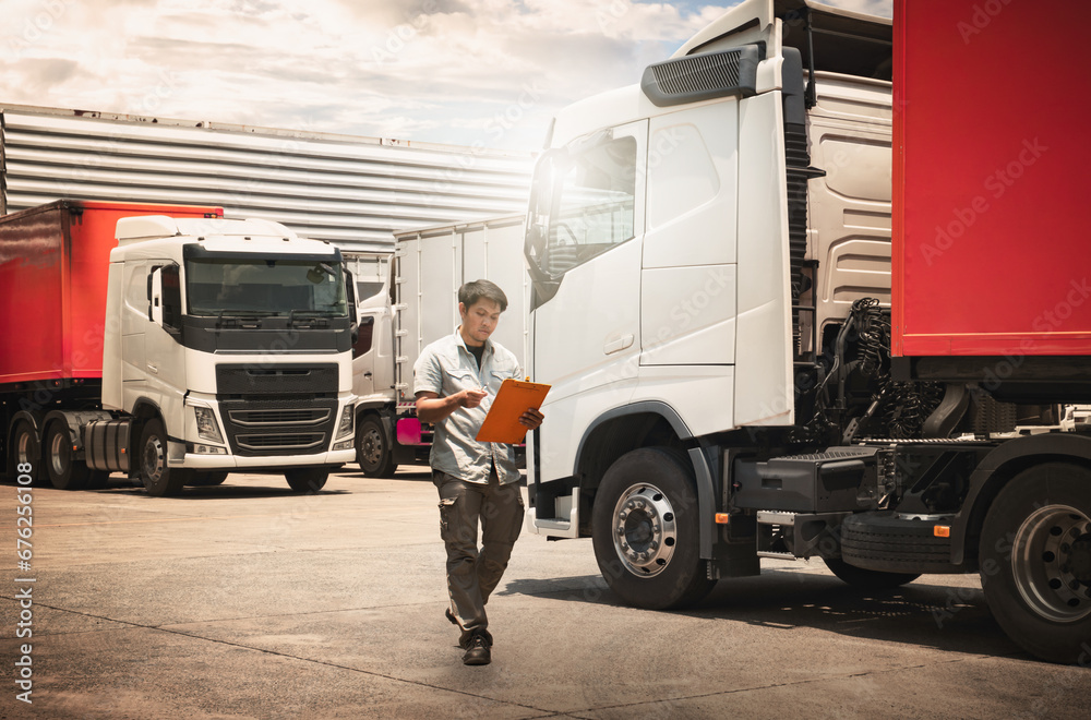 Truck Drivers Holding Clipboard Checking Truck Wheels Tires ...