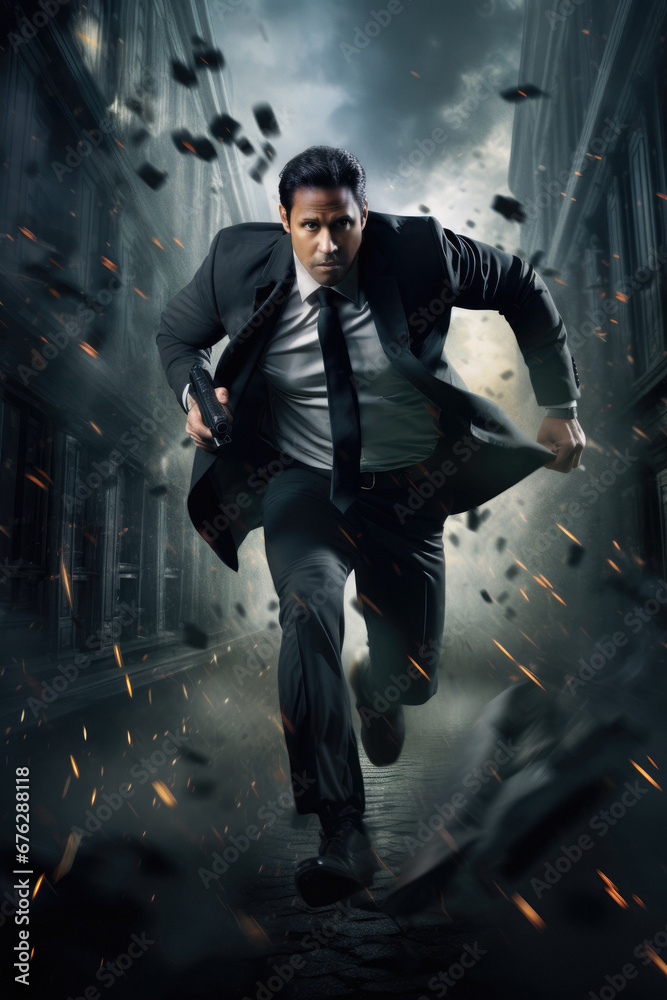 businessman running - holding a gun - wearing a black suit and tie ...
