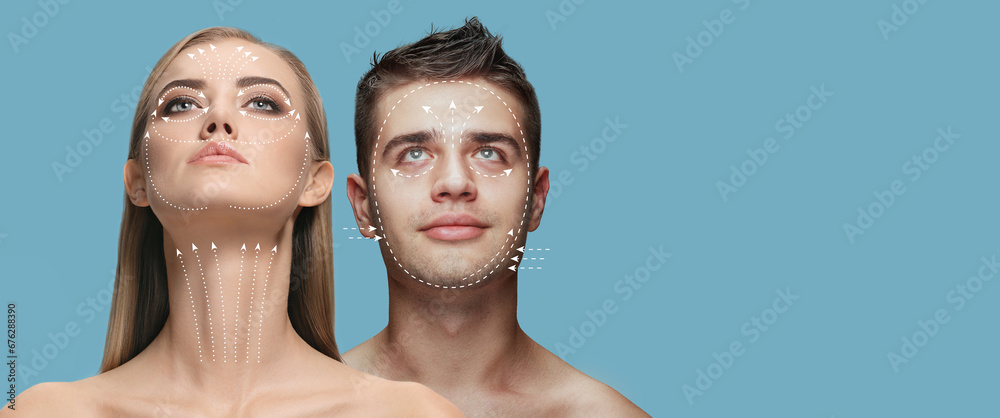 Face lifting, circuit. Young man and woman with arrows on face ...